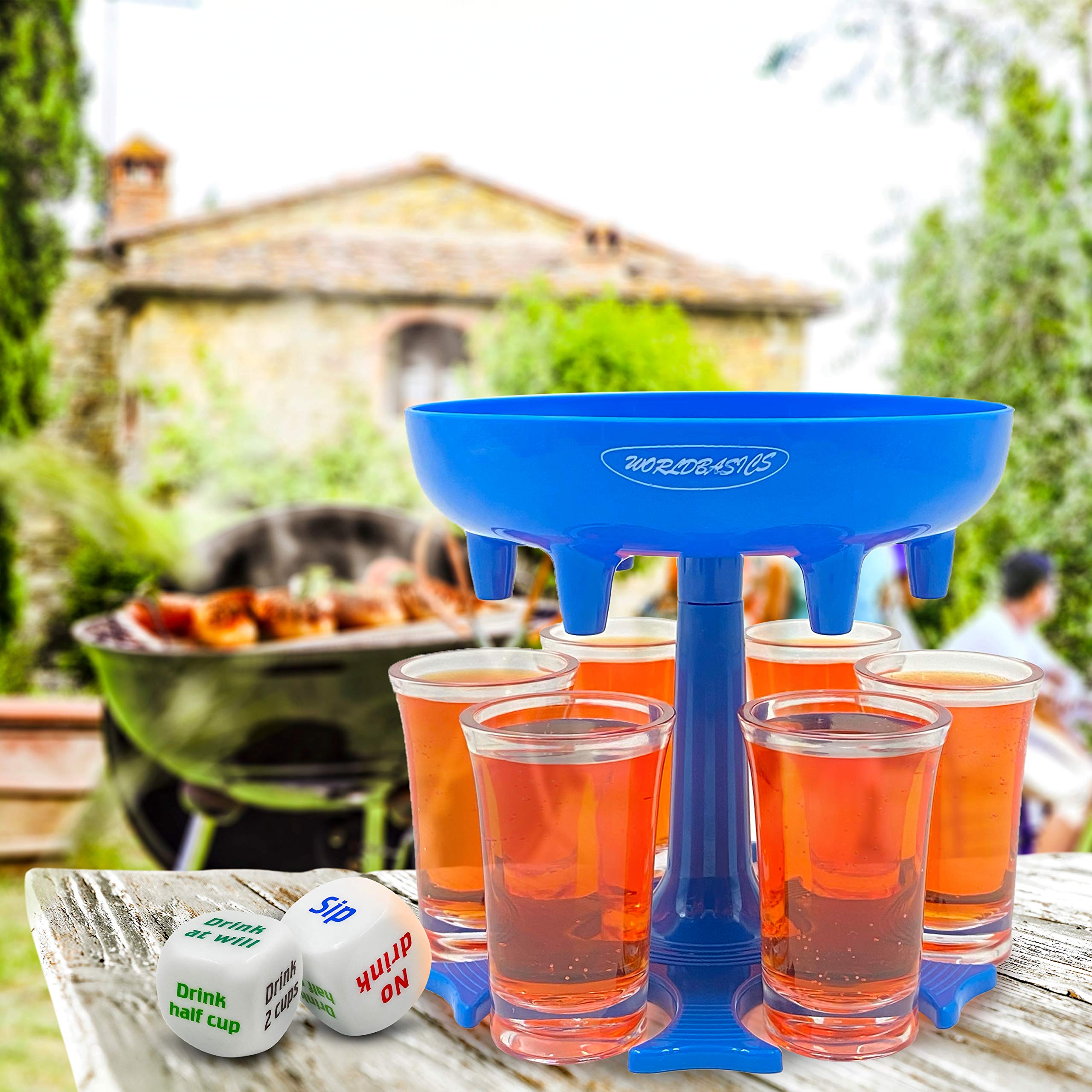 WorldBasics 6 Shot Glass Dispenser and Holder | Includes Shot Dispenser with Shot Glasses & Plugs | Shot Buddy Dispenser with Glasses | Shot Glass Holder & Shot Pourer- (Blue)