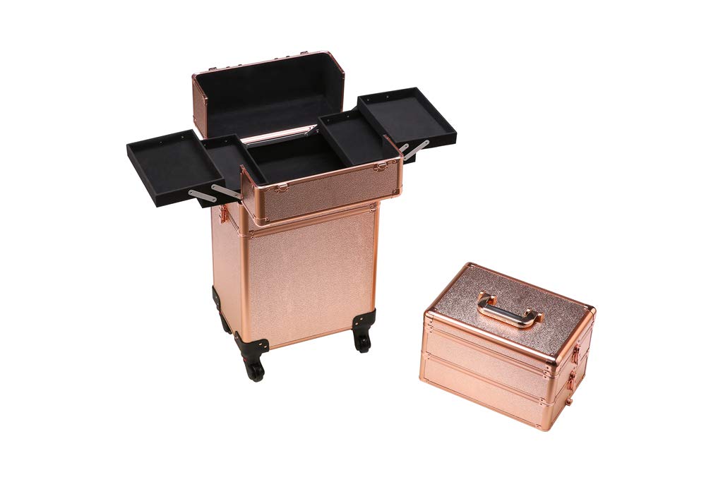 Rolling Train Case 5-in-1 Portable Makeup Train Case Professional Cosmetic Organizer Makeup Traveling case Trolley Cart Trunk (Rose Gold)