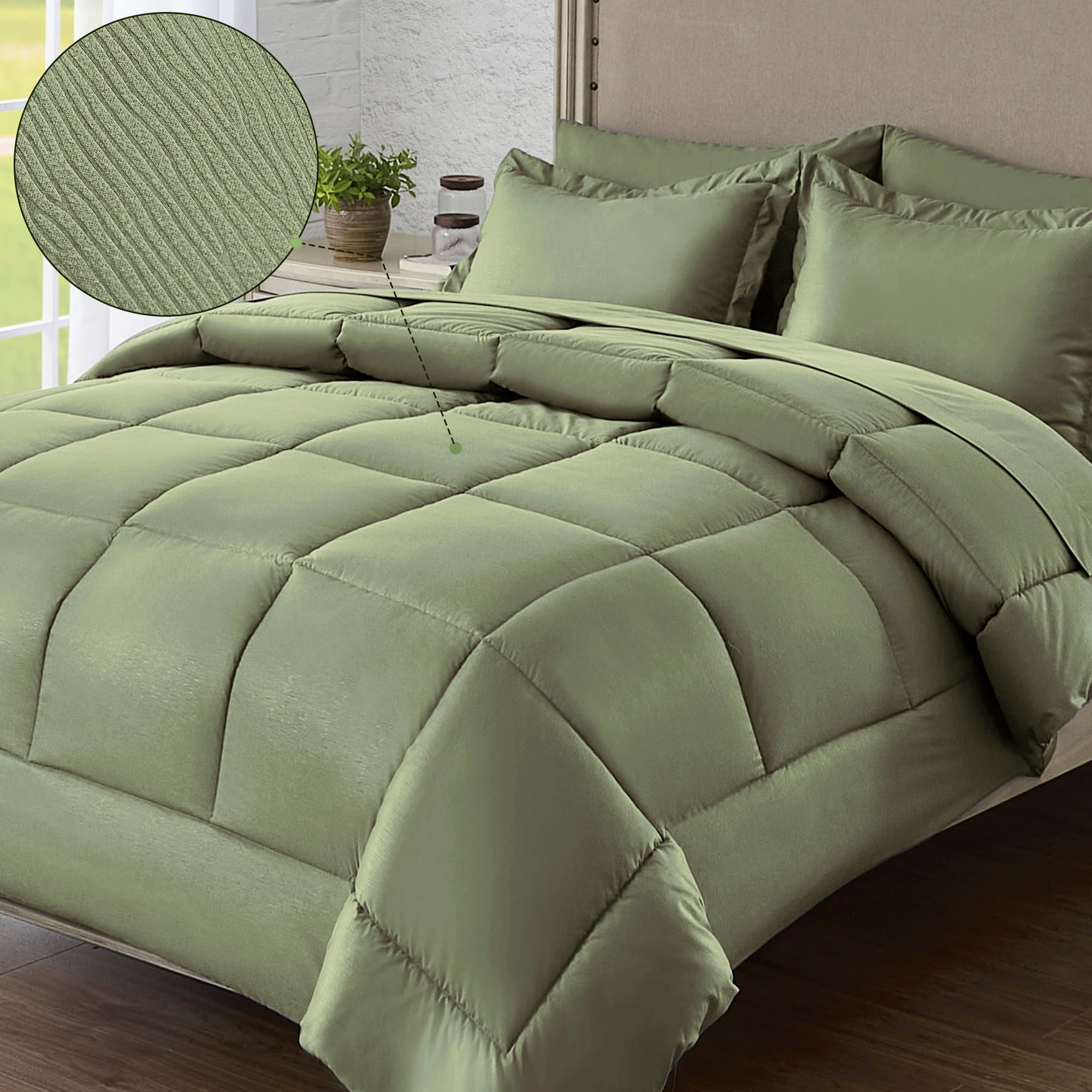 QUIETSEA King Size Bed in a Bag 7 Pieces Comforter Set King, Wood Grain Texture Bedding Comforter Set Green Bed Set with Comforter, Pillowcases, Flat Sheet, Fitted Sheet and Pillow Shams