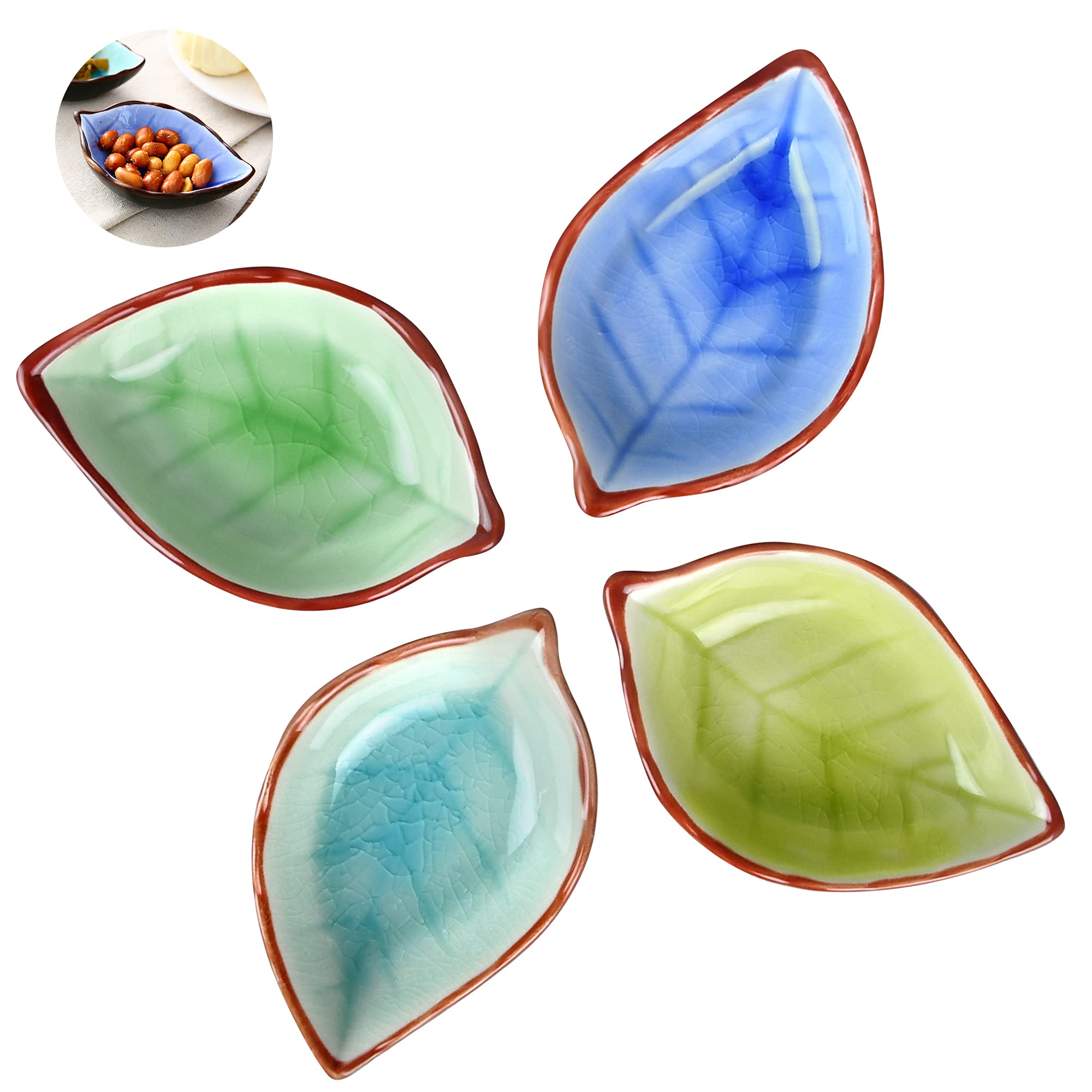 Worldity 4 Pack Assorted Color Charcuterie Bowls, Cute Leaf Shape Small Sauce Bowls, Sushi Plates and Soy Sauce Bowls for Sushi Appetizer, Oil, Vinegar, Ketchup, Paste Jam