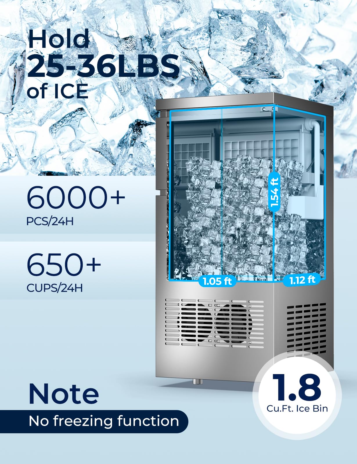 Pro Commercial Ice Maker Machine, 150lbs/24H Under Counter ice Machine with 36lbs Ice Storage Capacity, 50 Ice Cubes Stainless Steel Freestanding Ice Maker, Intelligent Operation, Automatic Cleaning