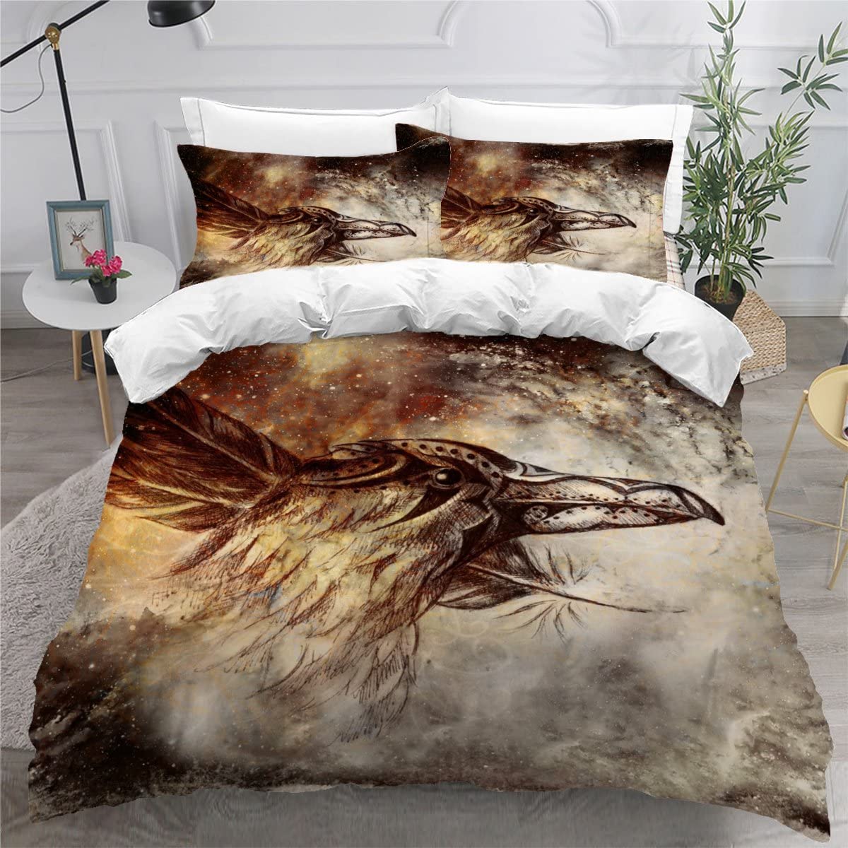 Quilt Cover Twin Size Odin, Crow 3D Bedding Sets Viking, Nordic Duvet Cover Breathable Hypoallergenic Stain Wrinkle Resistant Microfiber with Zipper Closure,beding Set with 2 Pillowcase