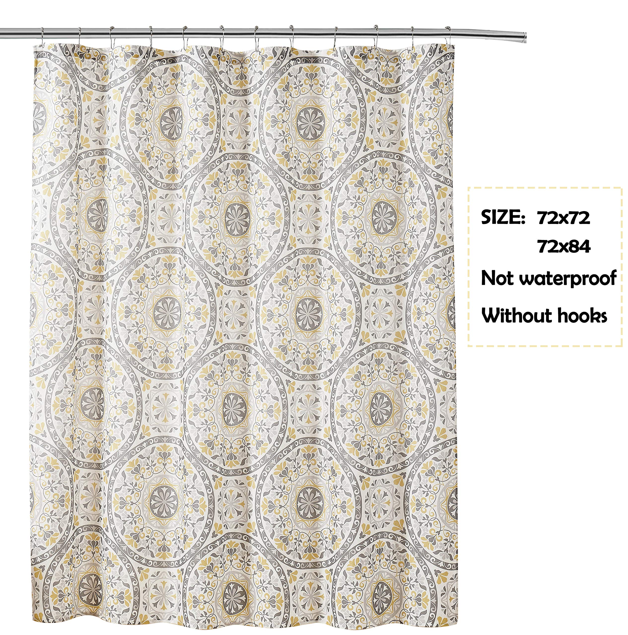 Romantex Fabric Decorative Shower Curtain Medallion Print Yellow and Grey Floral 84 inch Length for Bathroom/Bathtubs,72" Wx84 L 1Panel Hookless