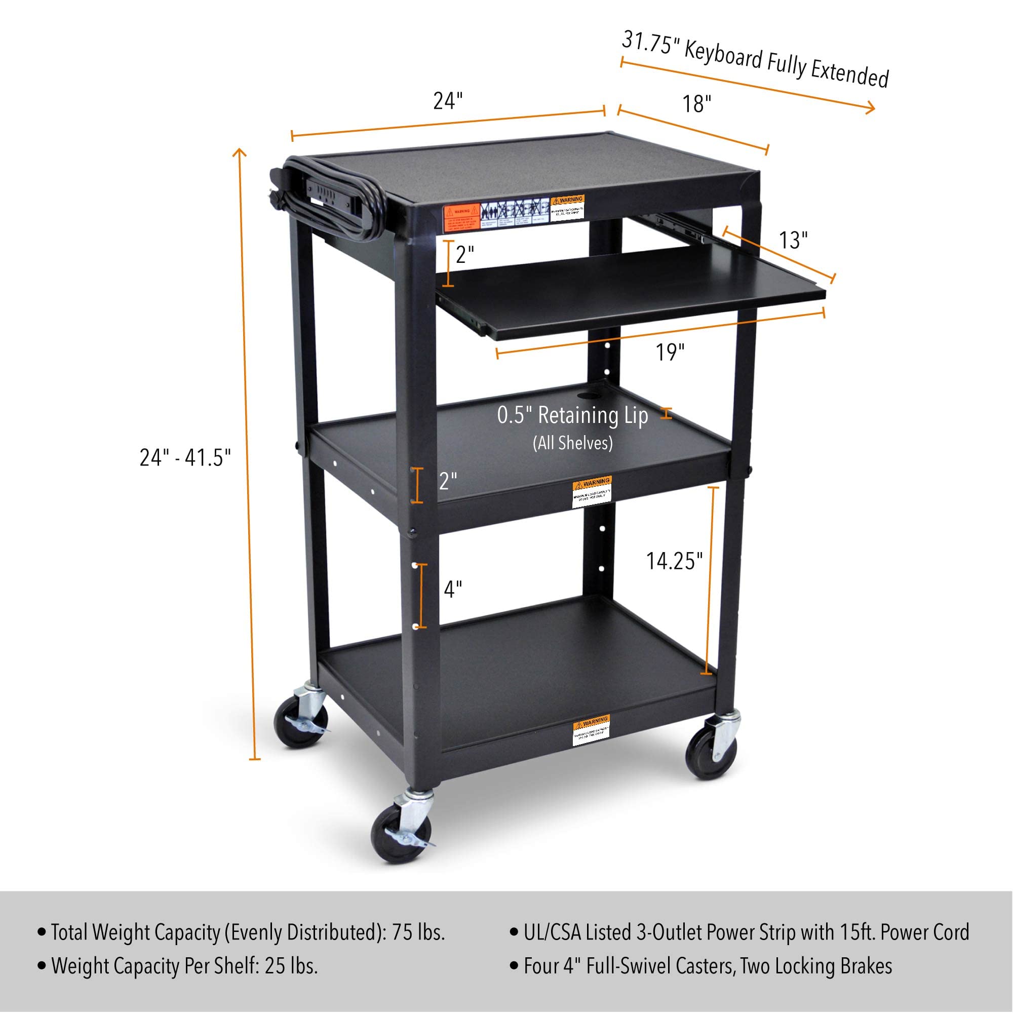 Stand Steady Line Leader AV Cart on Wheels | Height Adjustable Top Shelf & Pullout Keyboard Tray | Includes 15 ft Power Cord with Cord Management | Easy Assembly (42in x 24in x 18in / Black)