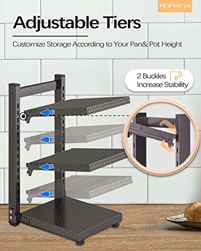 ROMATIA Pot and Pan Organizer Rack for under Cabinet, Heavy Duty Pot Pan Rack under Sink Organizers and Storage, Pot lid organizer, Kitchen Cabinet Organizer with 7 Adjustable Shelves