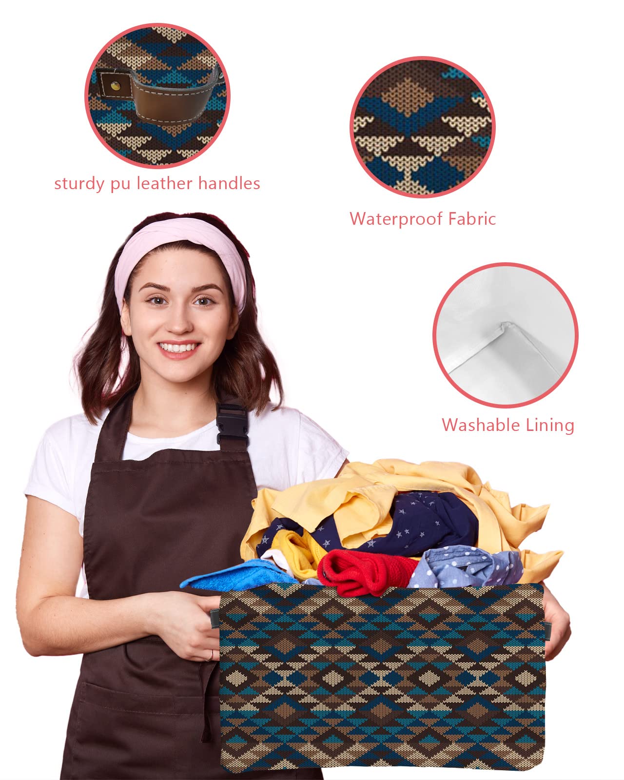 Storage Organizer Bins Set of 2 Storage Baskets for Clothes on Shelves With Handles Indian Civilization Ancient Nahuatl Aztec-African Style Geometric Rectangular Fabric Laundry Baskets for Organizing