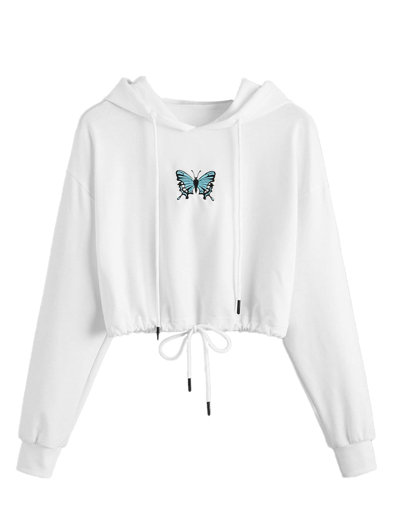 Romwe Women's Casual Butterfly Print Drawstring Crop Hoodie Sweatshirt White S