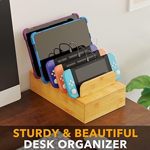 SpaceAid Bamboo Charging Station for Multiple Devices, Cell Phone Docking Stations for Multi Laptop, Tablets and iPads, Nightstand Bedside Desk Device Charger Organizer (Natural)