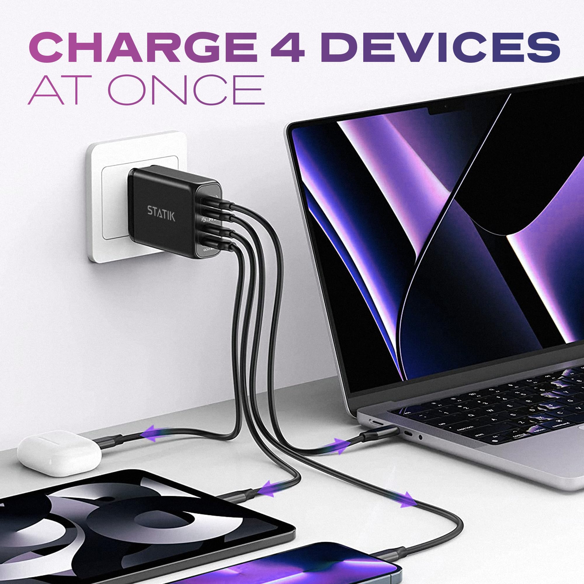 STATIK 100W GaN Charger Super Fast Charger Block USB C - 3 Ports Wall Charger Block Type C Plug Adapter, High-Speed Power Compatible with MacBook Pro Air, iPhone, Samsung, Laptop Chargers & adapters