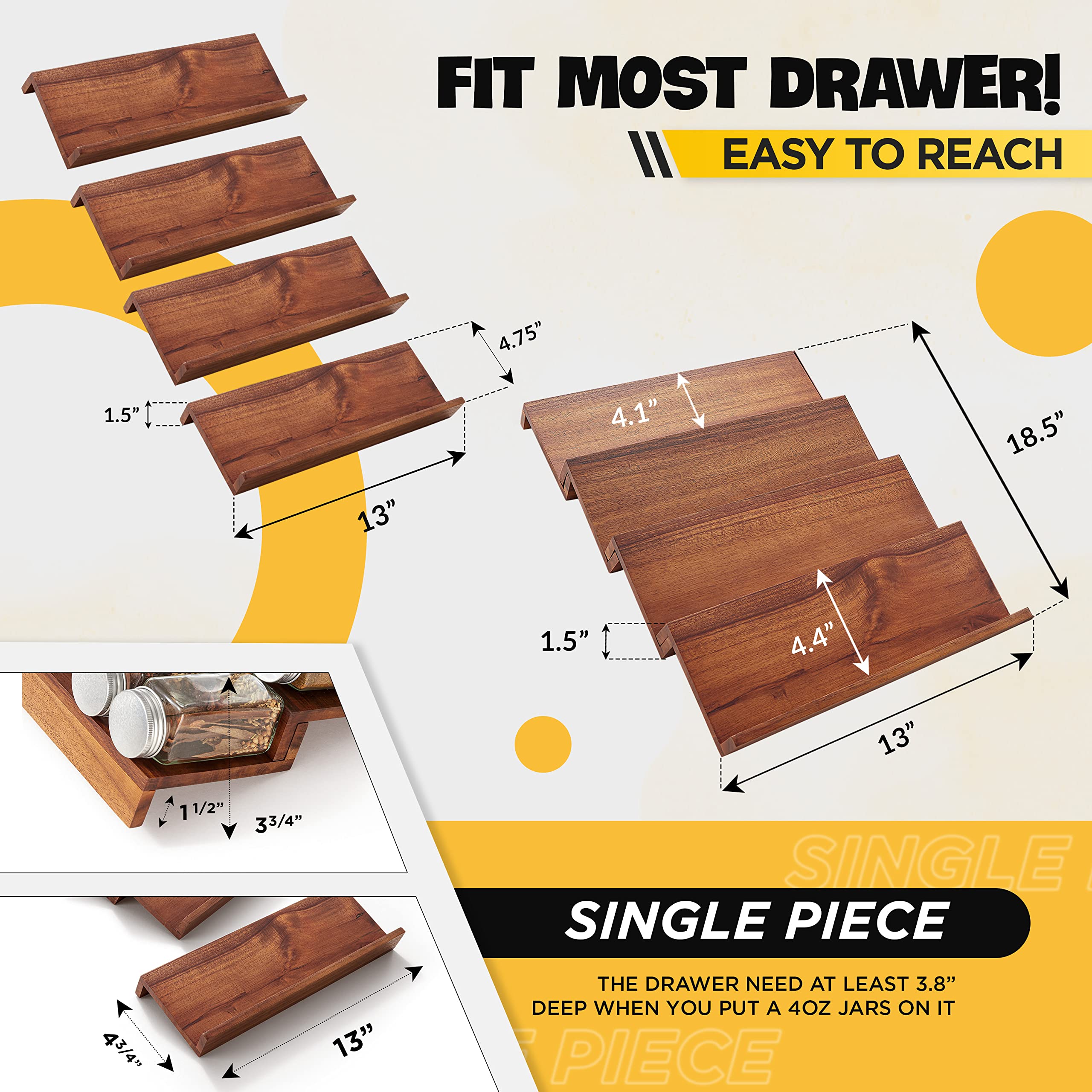 Tinamo Wood Spice Drawer Organizer - Acacia Wooden Tray Spice Racks Organizer for Cabinet Storage Shelf - 4 Tier Spice Rack Organizer for Drawer 32 Jars (Pack 4)