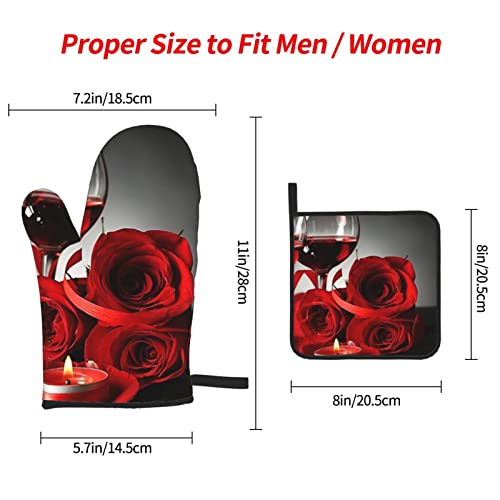 YILEQUAN Red Rose Wine Glass and Candle Print Oven Mitts Pot Holders Sets,Kitchen Glove High Heat Resistant 500 Degree Potholder,Surface Safe for Baking, Cooking, BBQ,Pack of 3