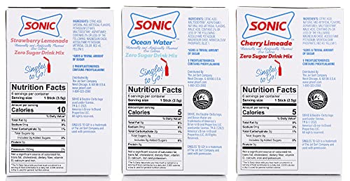 Sonic Singles to Go Variety Pack of 6-2 Boxes Each - Cherry Limeade, Strawberry Lemonade and Ocean Water - Bundle with Ballard Products Hard Candy Recipe Card