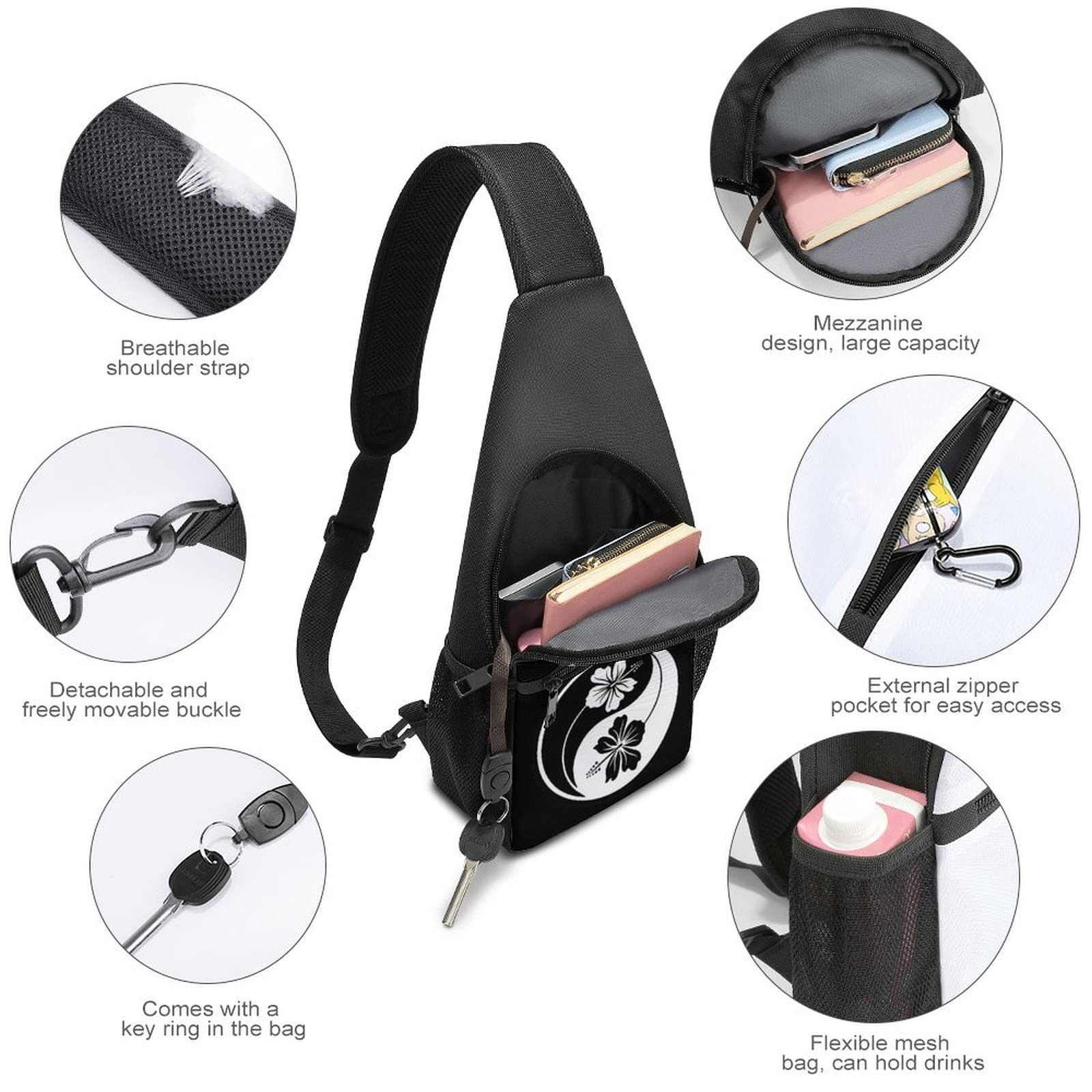 Yin Yang Hibiscus Crossbody Shoulder Bag Sling Backpack Travel Hiking Daypack Casual Chest Pack For Women Man One Size