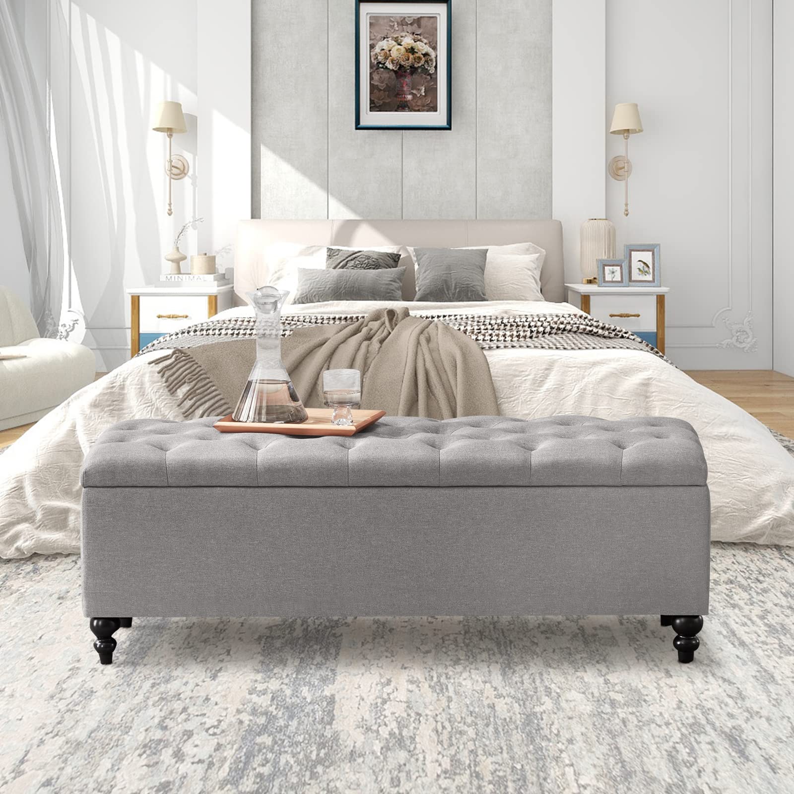 Storage Ottoman 50.2 Inches Upholstered Fabric Bench,Button Tufted for Living Room,Bedroom End of Bed Bench Withstands 303lbs (Grey)