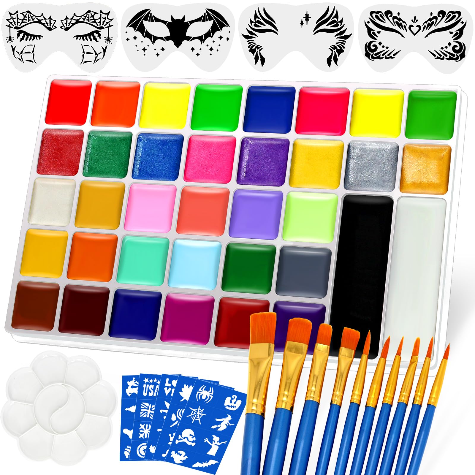 Professional Face Body Paint Kit, 36 Colors Oil Based Hypoallergenic Neon Face Painting Set with 10 Pcs Professional Brushes for Halloween SFX Special Effects Cosplay Costume Make Up