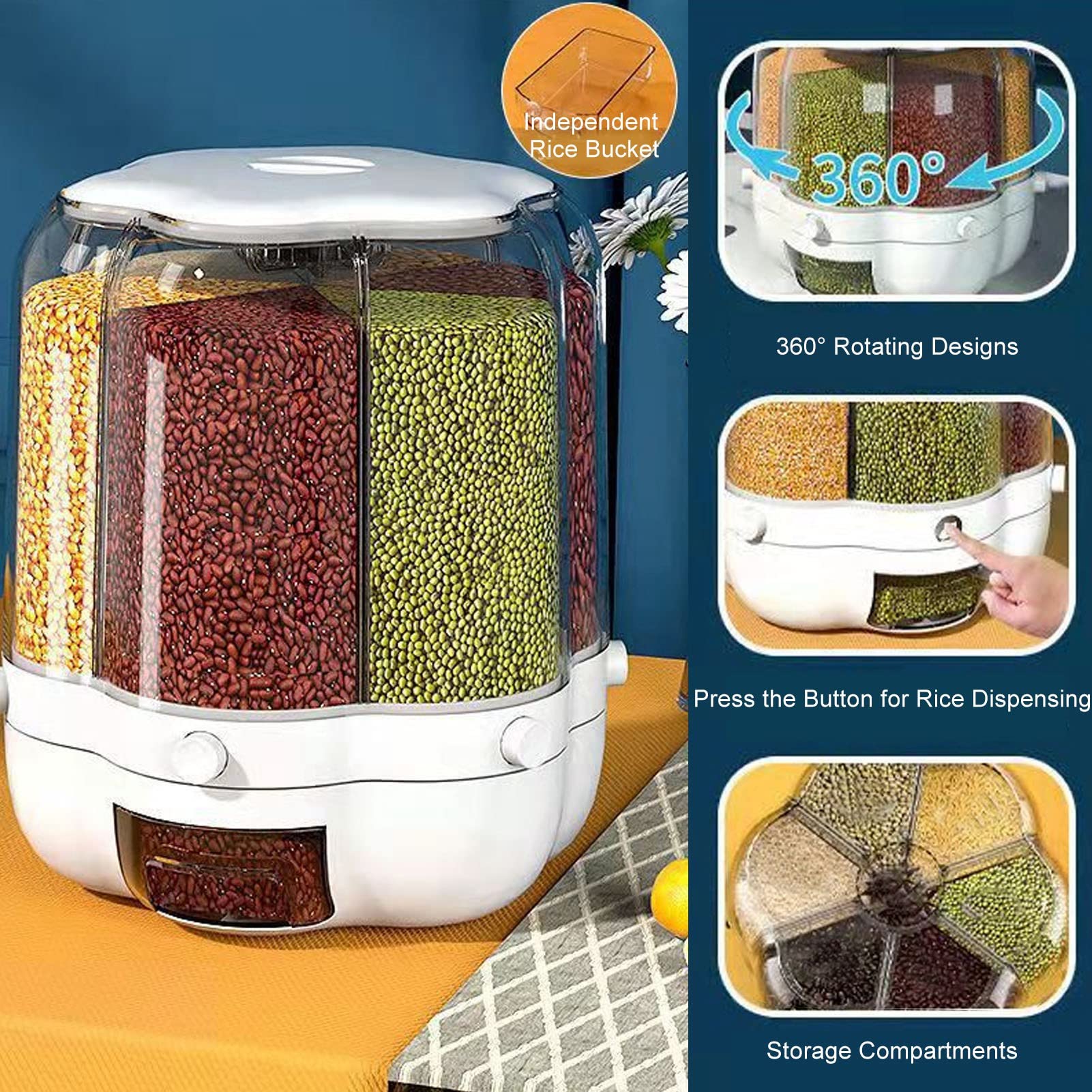 Zerodis Rice and Grain Storage Container, 360° Rotating Food Dispenser with Lid for Black Rice, Yellow Rice and Other Small Beans(White 9kg / 19.84lb)