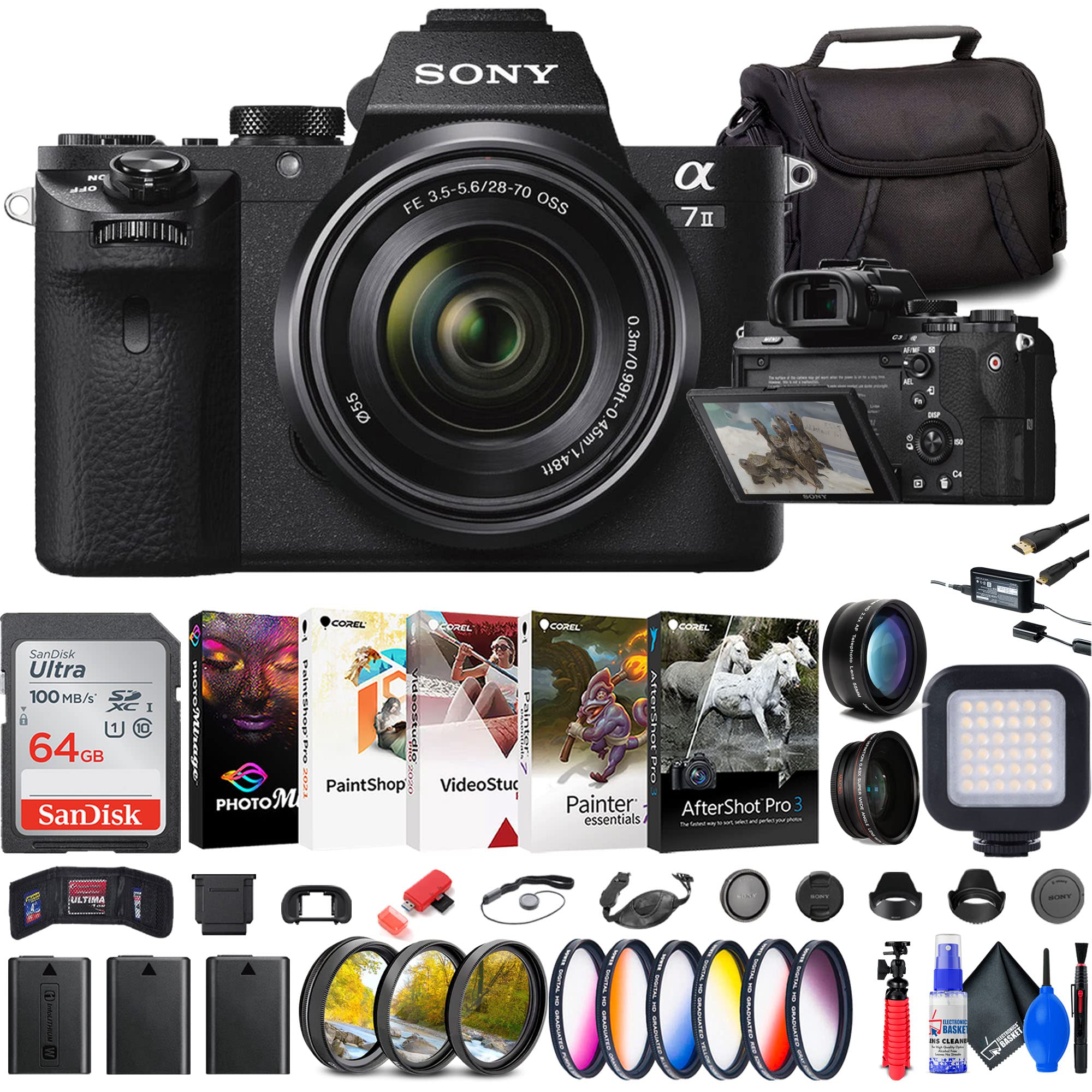Sony a7 II Mirrorless Camera with 28-70mm Lens (ILCE7M2K/B) + Filter Kit + Wide Angle Lens + Telephoto Lens + Color Filter Kit + Lens Hood + Bag + 64GB Card + 2 x NPF-W50 Battery + More (Renewed)