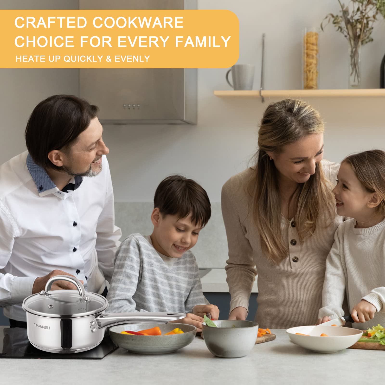TPFAMELI 1 Quart Saucepan with Lids, Small Saucepan Stainless Steel Tri-Ply Layer Thickened Bottom Sauce Pan Sauce Pot,Dishwasher Safe & Oven Safe (1QT)