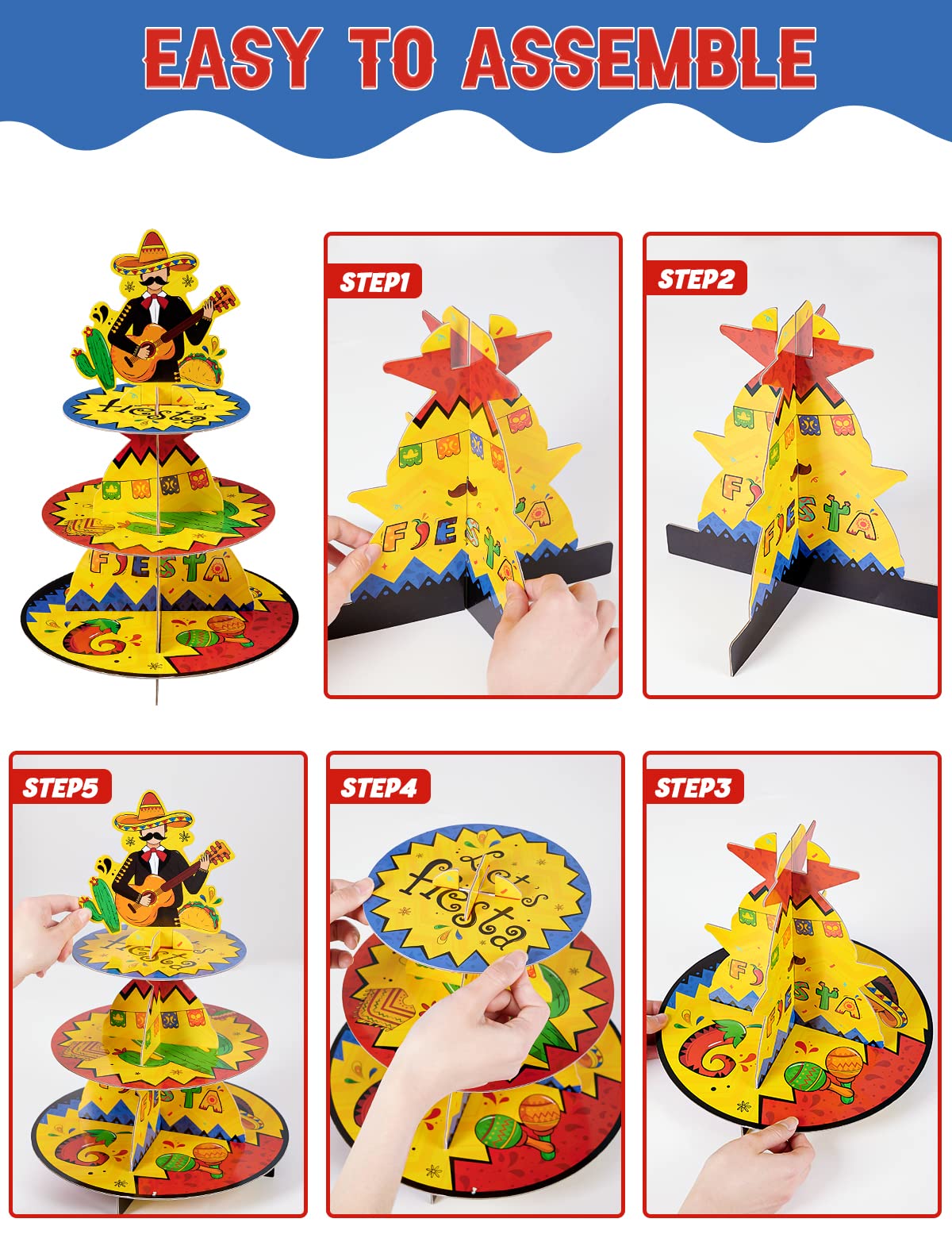 WERNNSAI Mexican Fiesta 3-Tier Cupcake Stand, Yellow, Paper