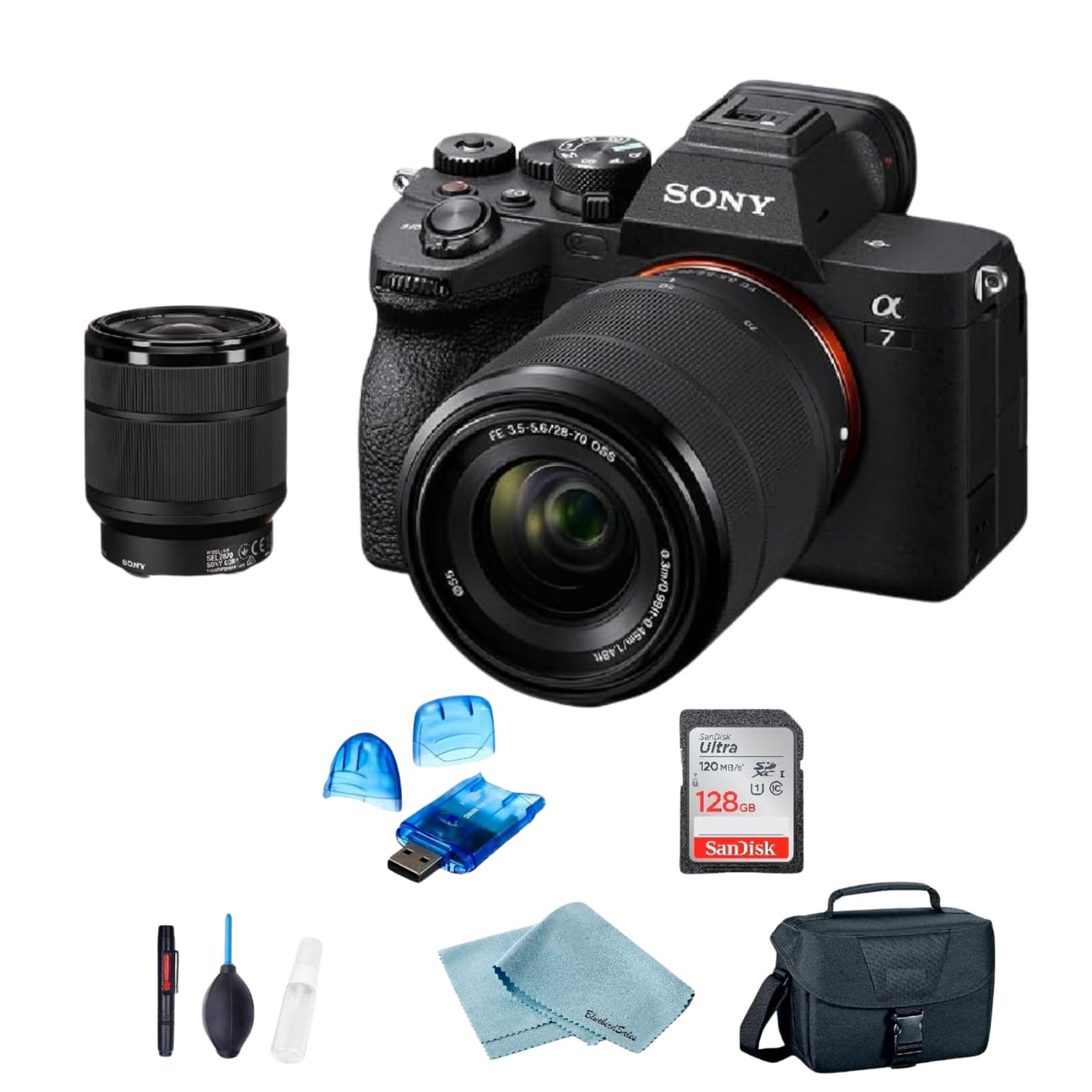 Sony Alpha 7 IV Full Frame Mirrorless Camera with 28-70mm Lens + Deluxe Carrying Case + Cleaning Cloth + Sandisk 128GB SD Card- Sony Zoom Lens 4K 60p Video Professional Accessory Kit