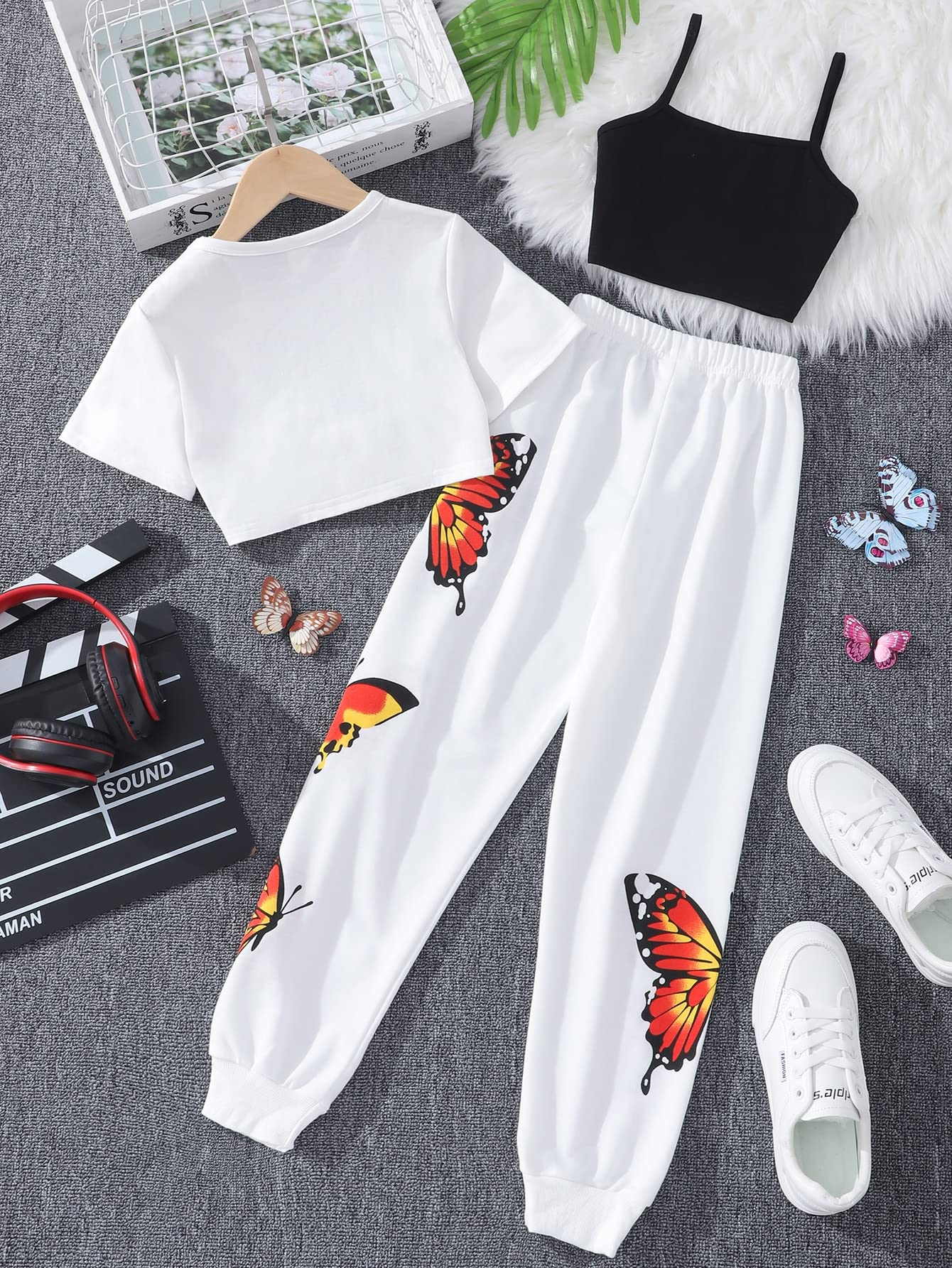 SOLY HUX Girl's Butterfly Print Cami Tops & High Low Hem Short Sleeve T Shirt with Sweatpants 3 Piece White Butterfly 10Y
