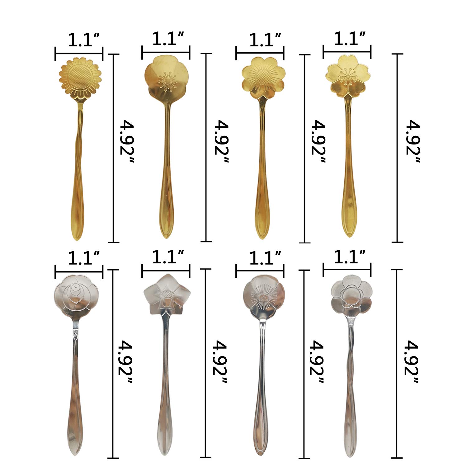 TIHOOD 16PCS Stainless Steel Flower Coffee Spoon Dessert Spoon Sugar Spoon Ice Cream Spoon Stirring Spoon Tea Spoon Milkshake Spoon Set for Tableware Kitchen, Cafe or Bar (Silver and Gold)