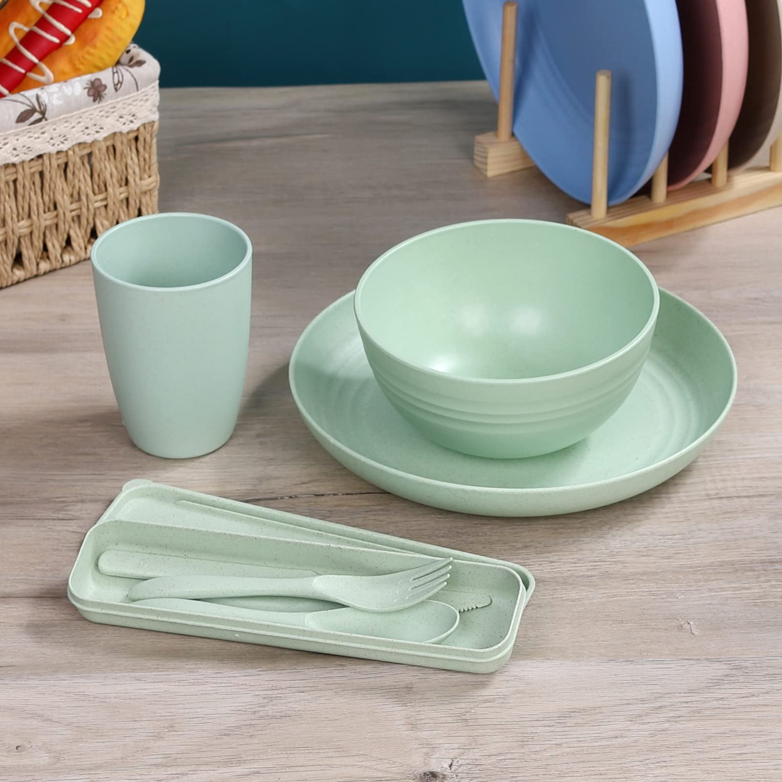 Wheat Straw Dinnerware Sets, 28PCS Plastic Plates and Bowls Sets College Dorm Room Essentials Dishes Set with Cutlery Set Microwave Safe (Colorful)