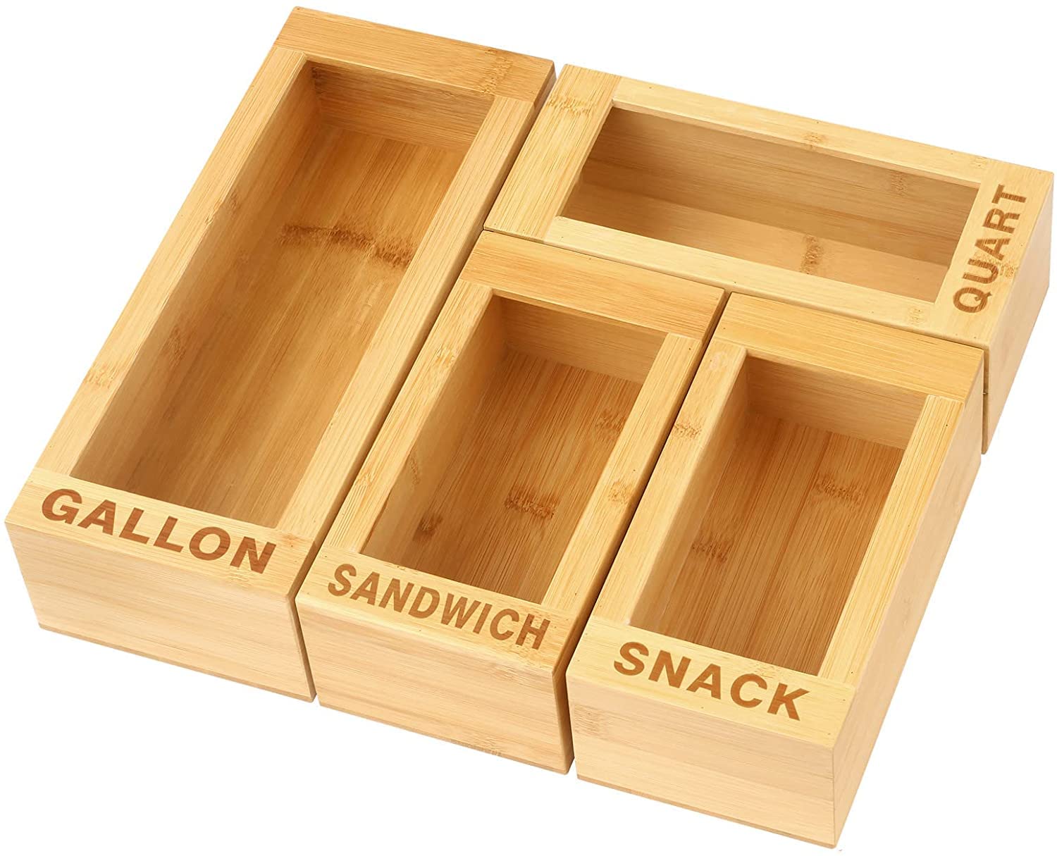 Ziplock Bag Organizer for Kitchen Drawer | Bamboo Food Storage Organizer Set for Ziplock Bags | 4 Pieces: Gallon, Quart, Snack & Sandwich | Compatible with Popular Brands like: Ziplock, Glad,and Hefty