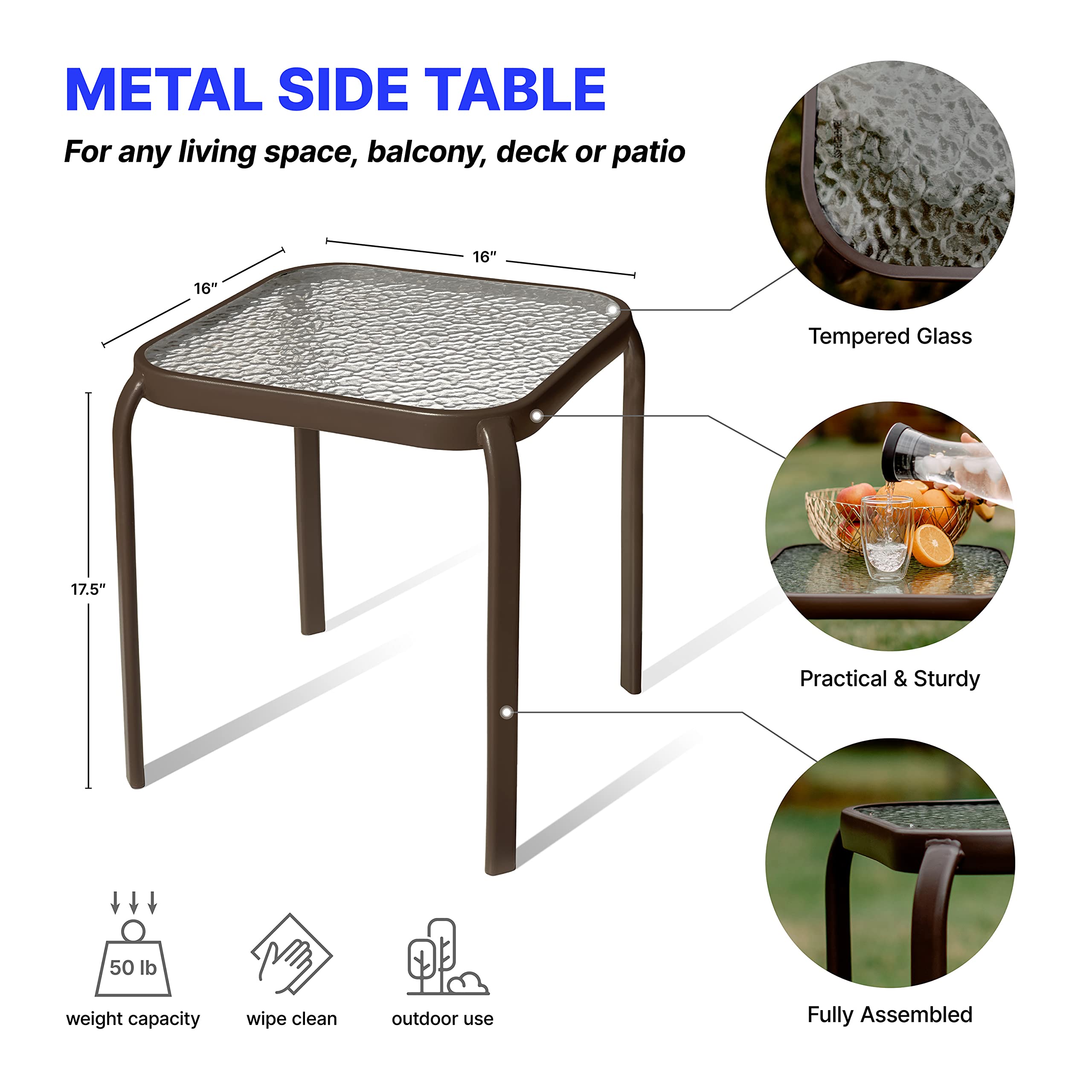 PROLISOK Bronze Metal Outdoor Side Table with Tempered Glass Top β Elegant Small 16" Square Patio Table β Durable Weather-Resistant Coffee Bistro Accent End Table for Outside and Garden