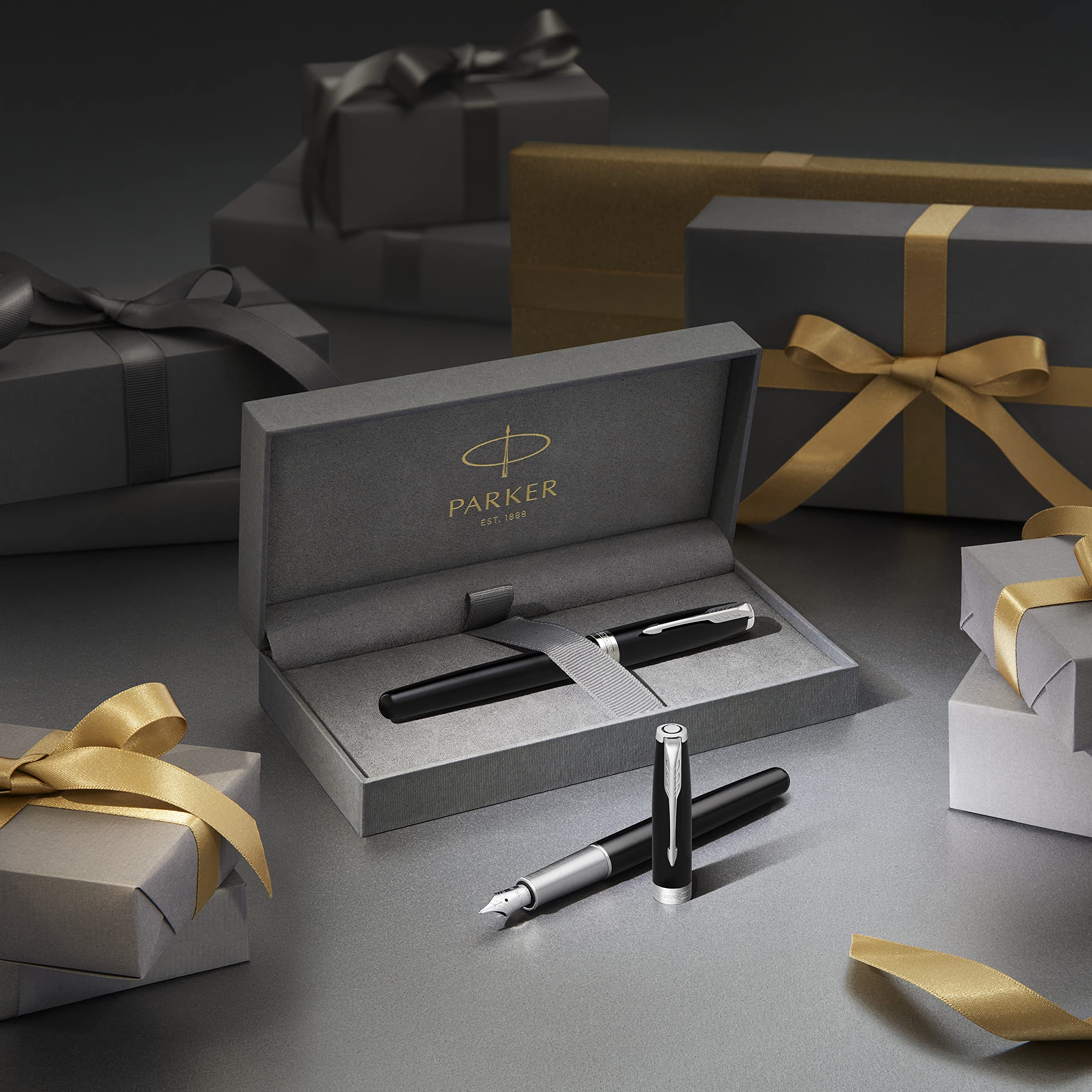PARKER Sonnet Rollerball Pen, Chiselled Silver with Gold Trim, Fine Point Black Ink (1931491)