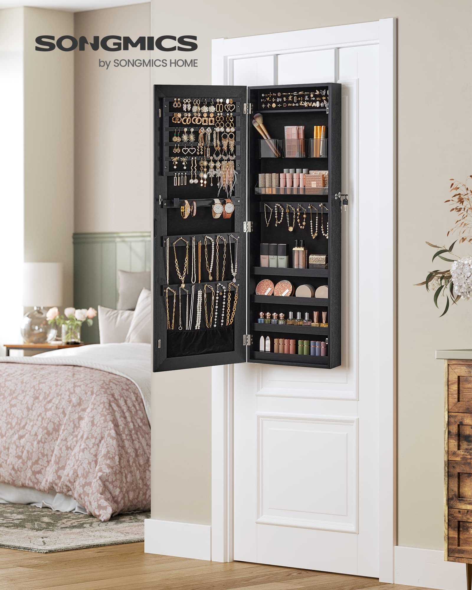 SONGMICS Mirror Jewelry Cabinet Armoire, Wall or Door Mounted Jewelry Storage, Hanging Lockable Frameless with 2 Plastic Cosmetic Organizers, Gift Idea, Black UJJC001B01