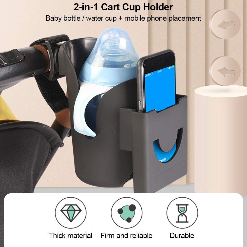 Stroller Drink Holder, 2-in-1 Universal Bottle & Phone Stroller Storage Rack, Large Caliber Cup Holder for Buggy, Bike and Wheelchair