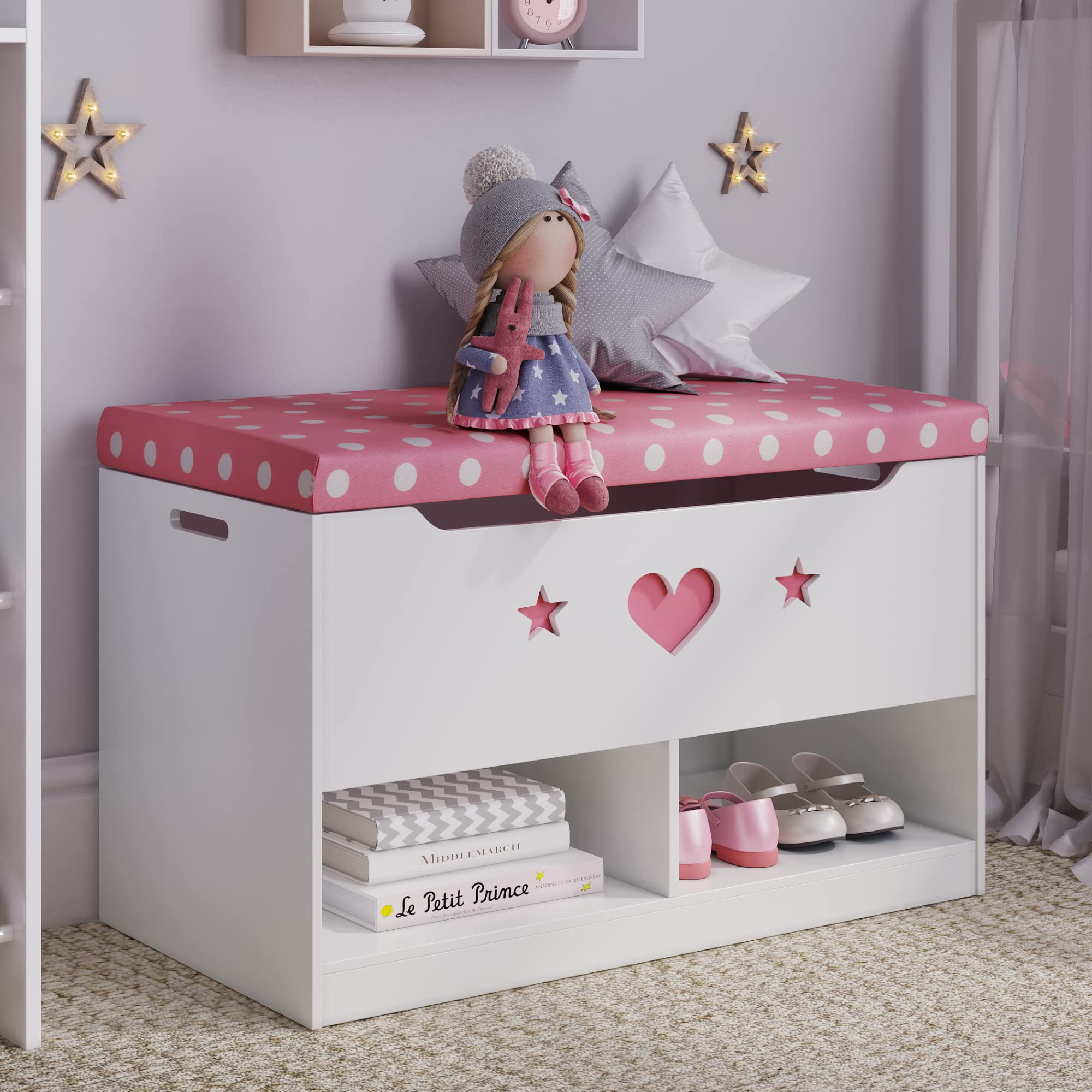 Sturdis Kids Toy Box β Pink & White with Cushion Storage Bench Seat, Toy Storage Chest And Cubby Space For Shoes And Books Organizers