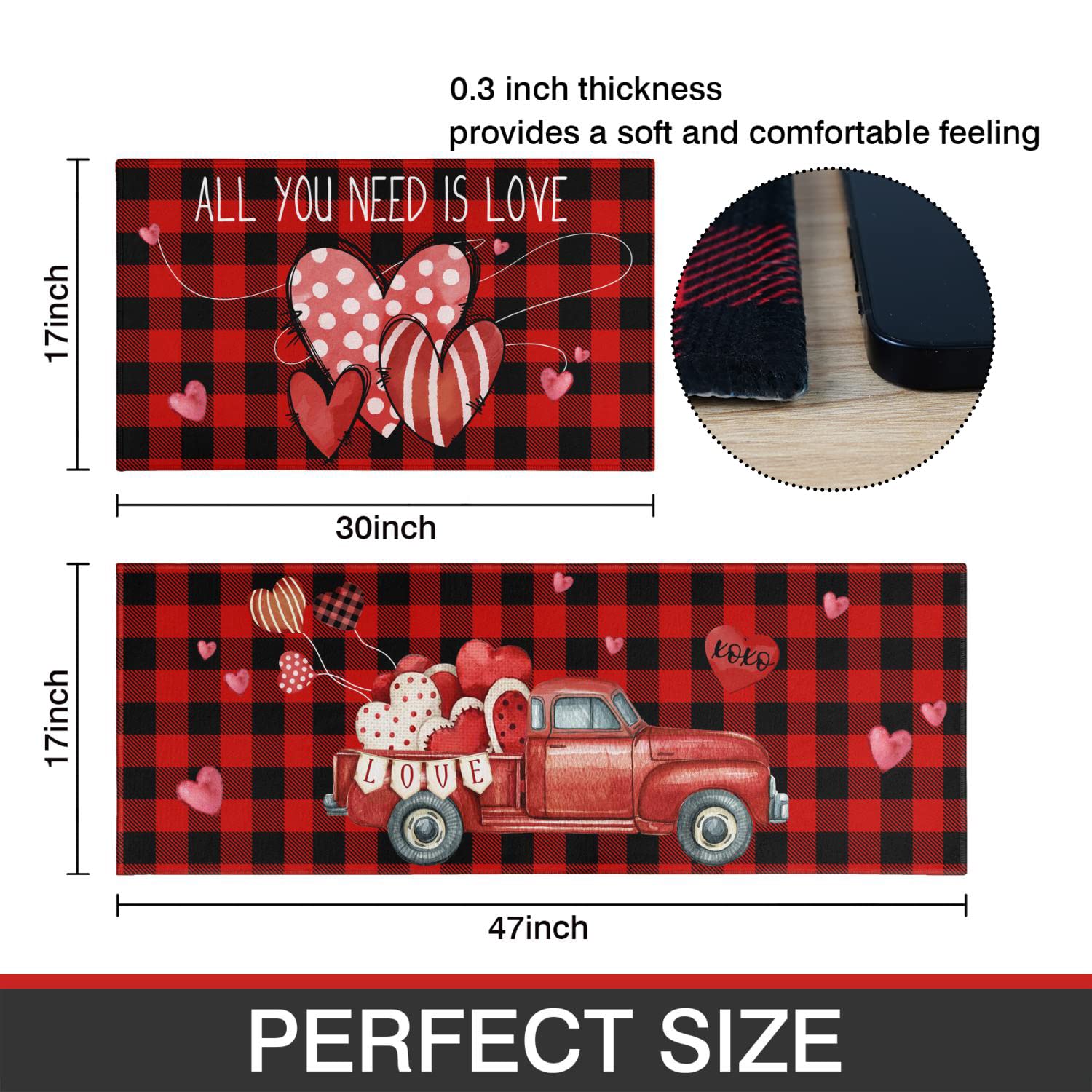 Xsinufn Valentines Day Kitchen Mat Set 2 Piece,Valentines Day Hearts Truck Buffalo Plaid Decorative Kitchen Rugs,Valentines Hearts Low-Profile Kitchen Mats for Home Kitchen (17"x48"+17"x30")