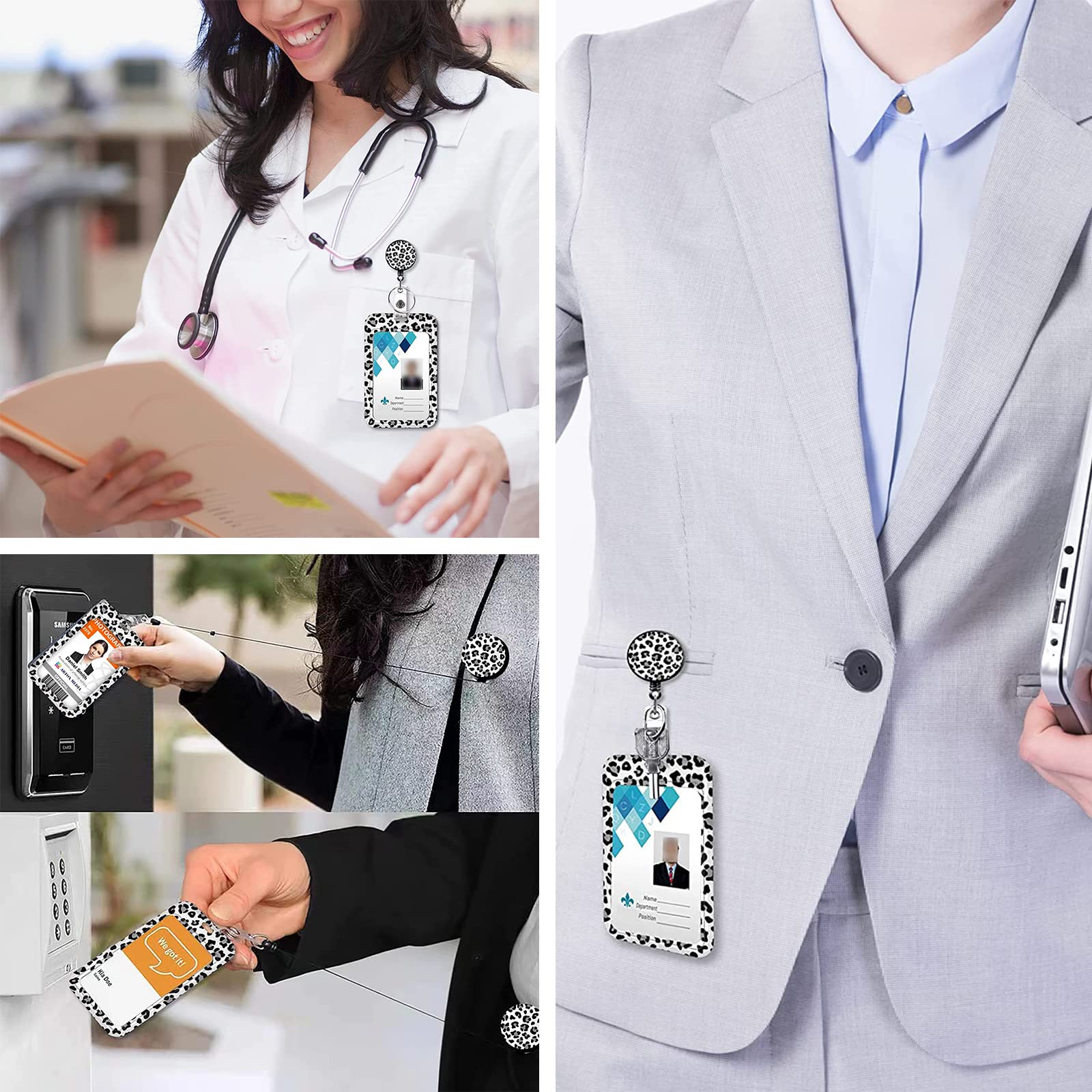 Retractable Badge Holder, with Carabiner Scroll Clip and Keychain, Vertical ID Card Badge Holder, Cute and Fashionable Design Snow Leopard, Badge Holder for Office, Nurse, Teacher(Snow Leopard)