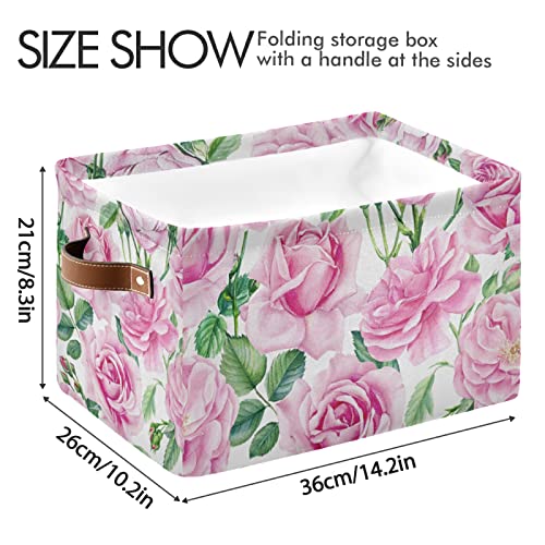 SUABO Floral Pink Roses Buds on White Toy Basket,Collapsible Storage Bin Basket with Handles¡ê?Laundry Baskets,Shelf Basket Nursery Storage for Bedroom Playroom,Set 2