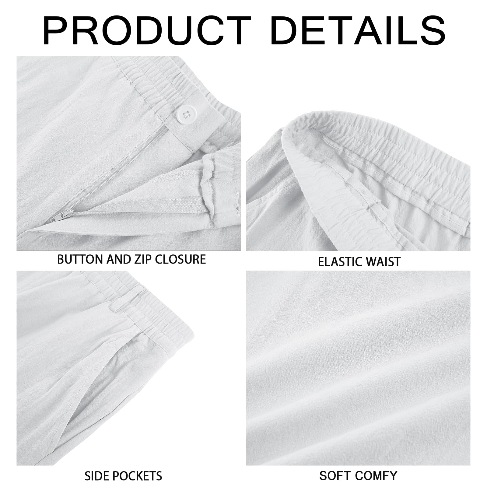 PASLTER Men's Linen Pants Elastic Waist Straight Leg Loose Fit Lightweight Yoga Casual Beach Trousers with Pockets White