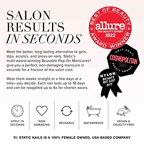 Static Nails Reusable Pop-On Manicure Set, Non-Damaging Glue-On Nails (Meet Me In Paris Square) - False Nails with Static Nail Glue, Nail Set, Fake Acrylic Press On Nails