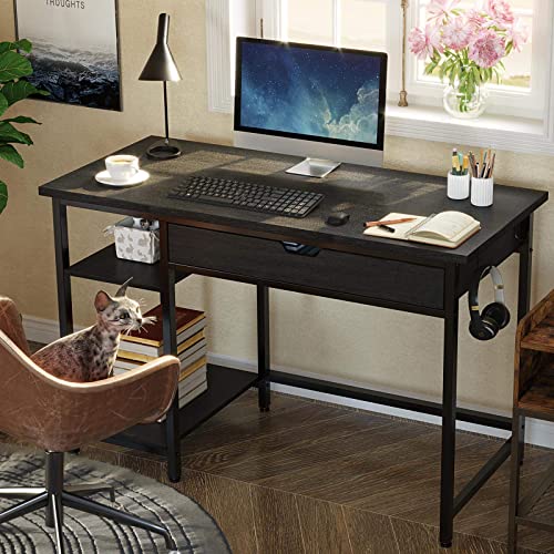 Rolanstar Computer Desk with Shelves and Drawer, 47" Home Office Writing Desk, Laptop Study Table Workstation, Particle Board with Metal Frame, Business Style,Black