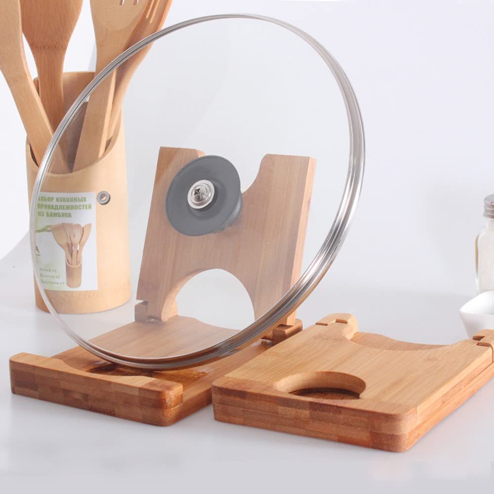 XZJMY Spoon Rest and Pot Lid Holder, Multifunctional Bamboo Pot Cover Holder,Pan Lid Organizer Storage Soup Spoon Rests,Folding Sitting Pot Lid Rack-for Kitchen Counter Utensil Rest Shelf