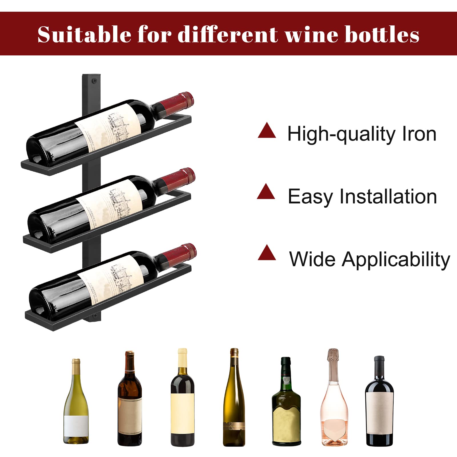 YALINKA Wall Mounted Wine Rack Holds 12 Bottles, Adjustable Separable Black Metal Hanging Wine Bottle Holder, Liquor Bottle Display Shelf for Kitchen Pantry Bar Wine Cellar
