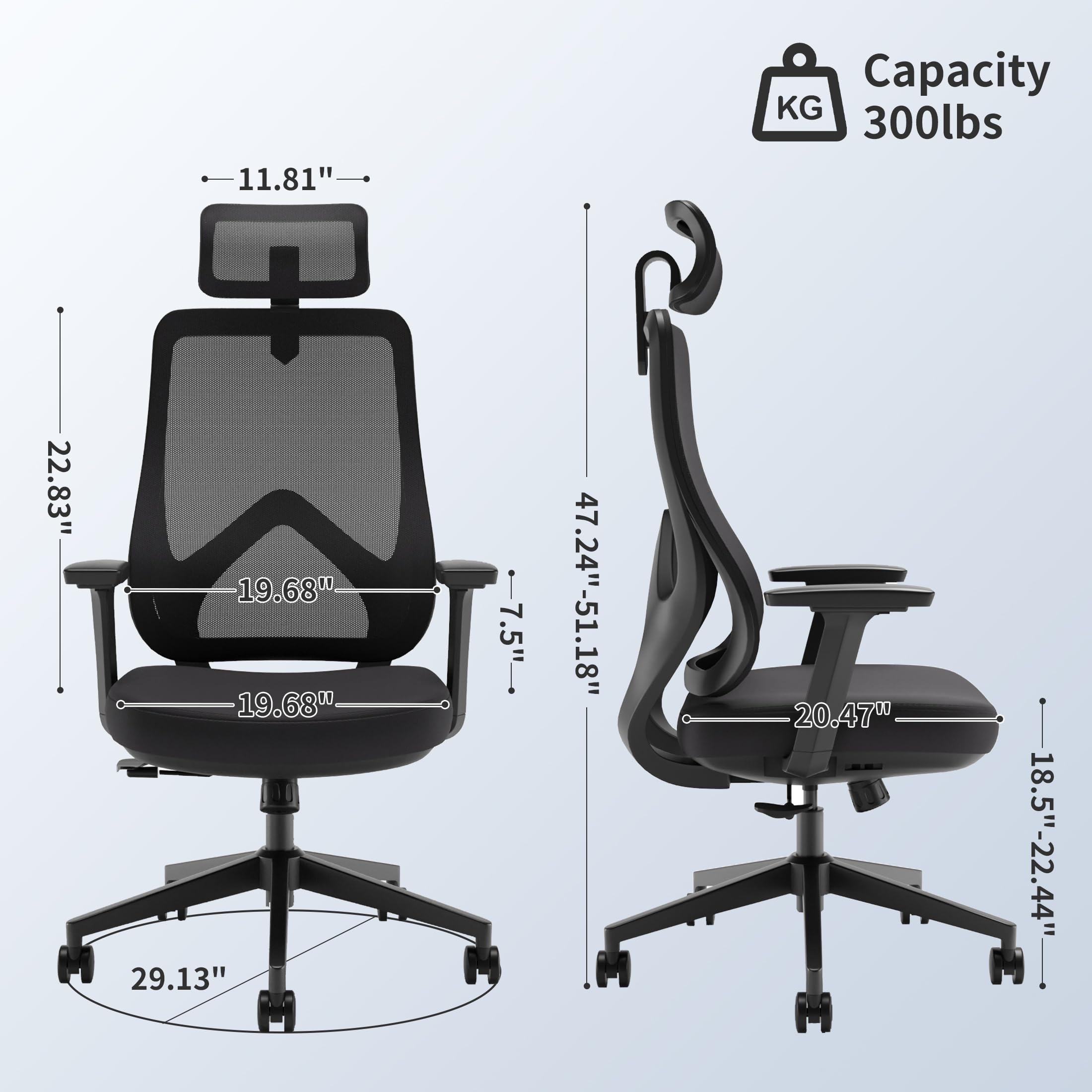 Rongbuk Ergonomic Executive Computer Desk Chair with 3D Armrests, 2D Headrest, Swivel Task Chair with Lumbar Support, Sturdy Base with Wheels, Mesh Office Chair, White