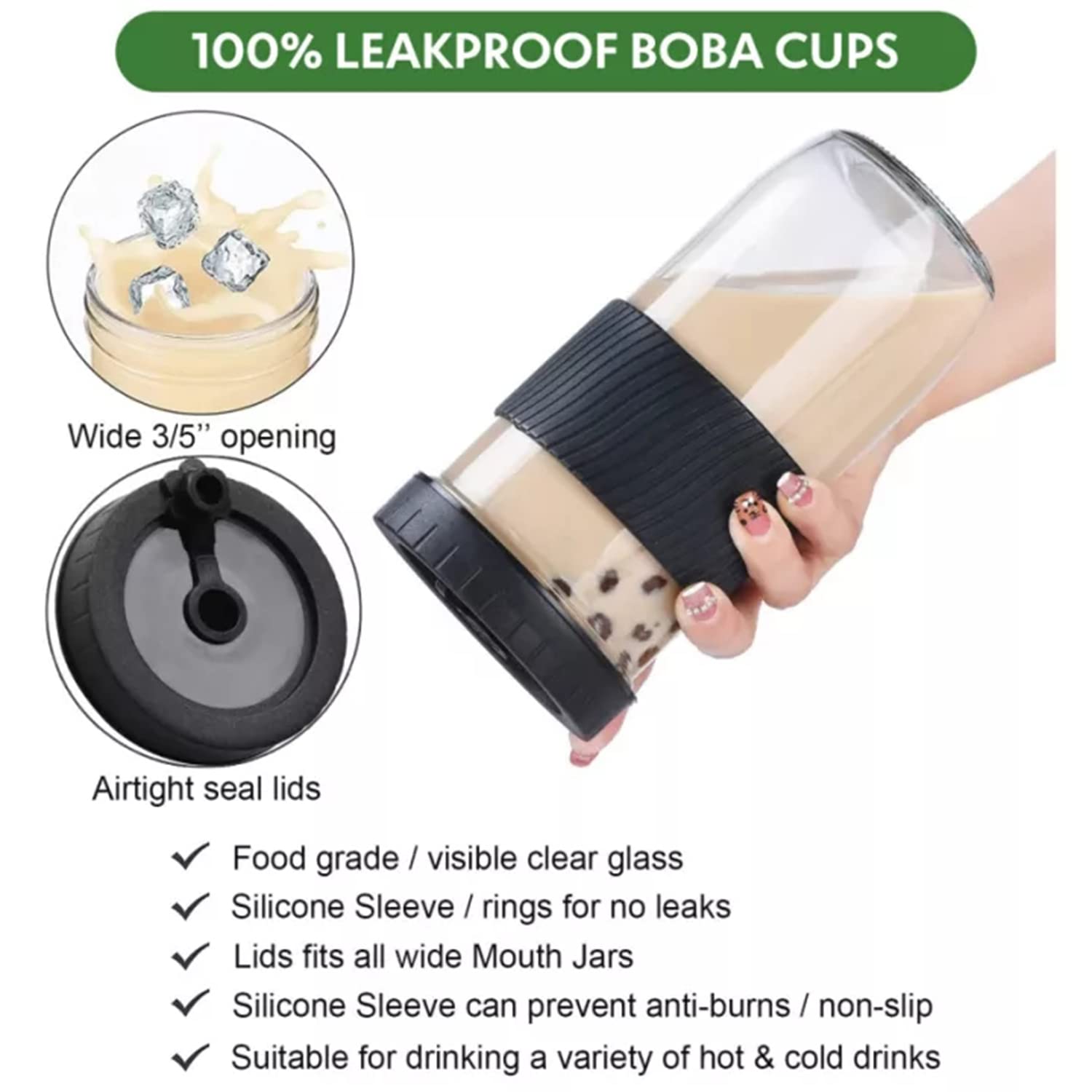 Zrlljp Reusable Boba Cup Bubble Tea Cup 6 Pack, 24oz Smoothie Cups with Lids and Silicone Sleeve & Angled Wide Straws, Wide Mouth Mason Glasses Travel Tumbler for Large Pearlā¦