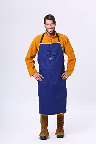 Welding Apron, Fire Resistant Fireproof Apron Metal Working Welder Work Safety Protection Apron Blue for Welding Cutting Cooking with One Pocket