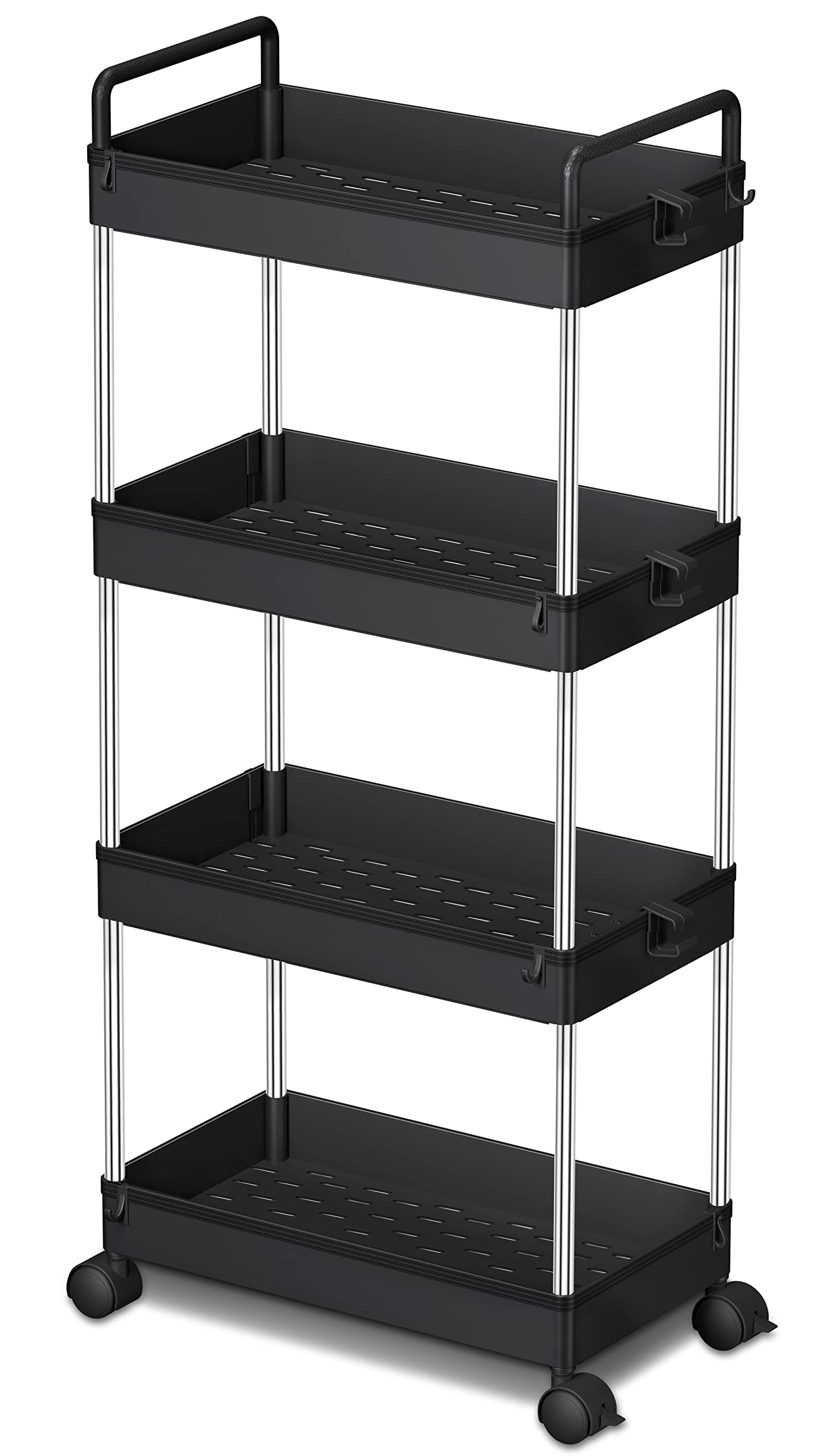 Ronlap 4 Tier Classic Storage Rolling Cart, Thin Storage Cart with Wheels Slide Out Storage Rolling Cart Organizer Plastic Utility Carts for Bathroom Laundry Room Kitchen Office Narrow Place, Black