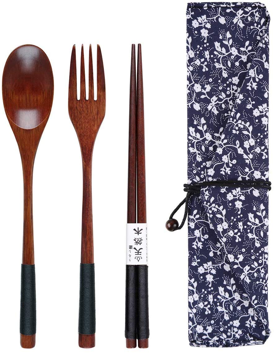 Wooden Chopsticks Spoon Fork Set Japanese Style Tableware Travel Utensils with Pouch for Camping,Picnic,Office or Home (Style A)