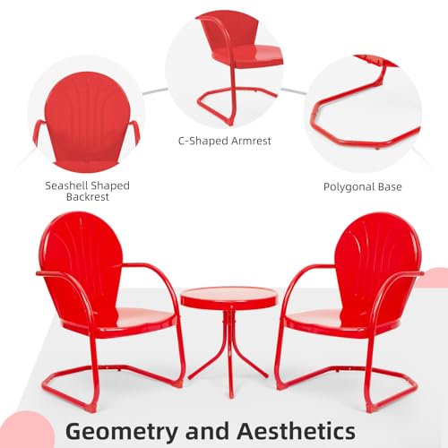 Patio Bistro Set Retro Metal Outdoor Seating Set Conversation Set 3 Piece, 2 C-Spring Motion Chairs and Side Table, Red