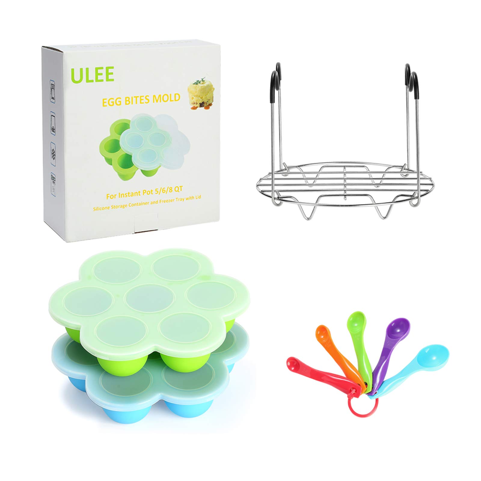 ULEE Silicone Egg Bites Molds Compatible with Instant Pot Accessories 6 Qt 8 Quart, Including Steamer Rack Trivet with Heat Resistant Handles, 5-Piece Measuring Spoons as Bonus, Sous Vide Egg Poachers