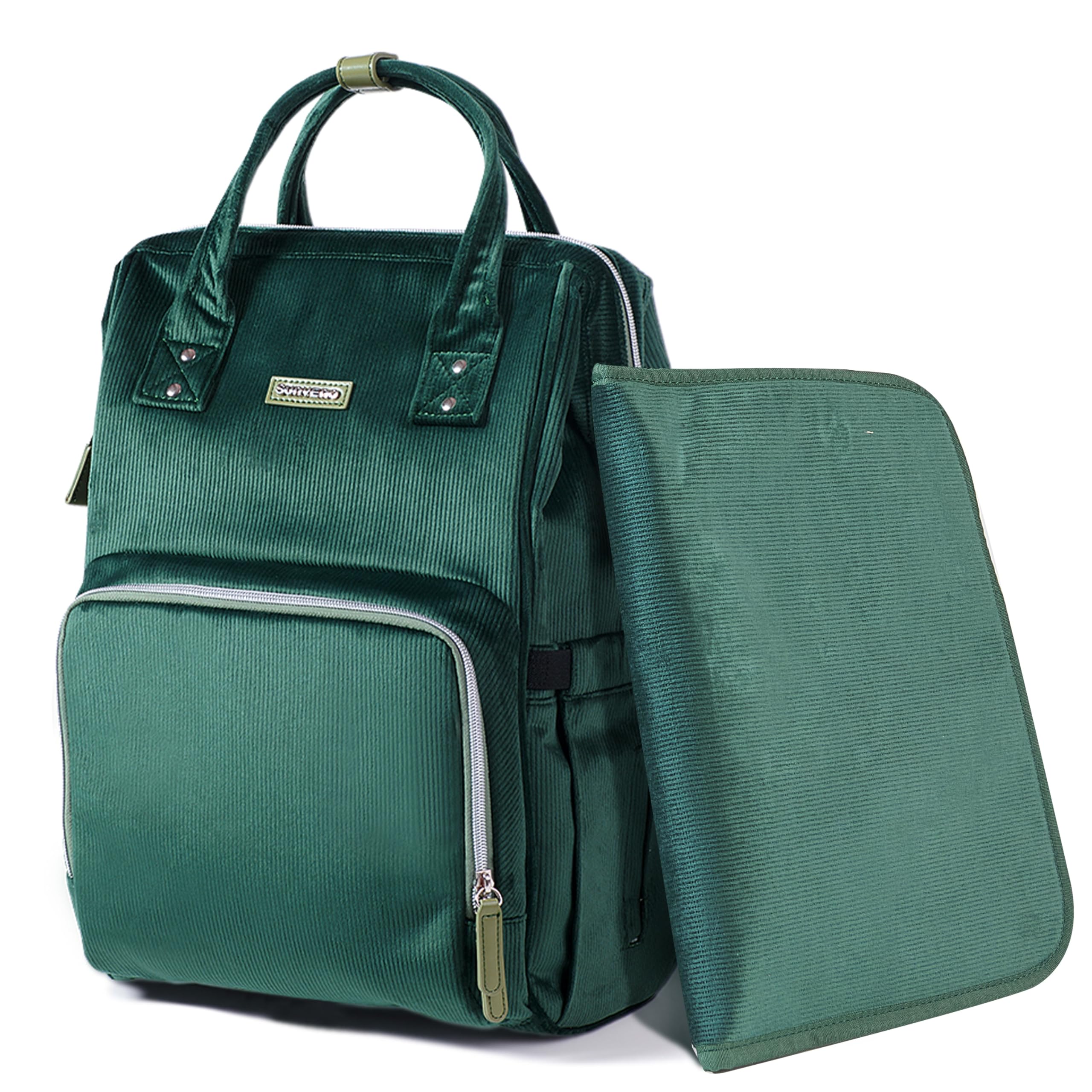 SUNVENO Velvet Stitching Diaper Bag Backpack Large Capacity Tote Shoulder Nappy Bag Organizer for Baby Care with Insulated Pockets,Waterproof Fabric, Green