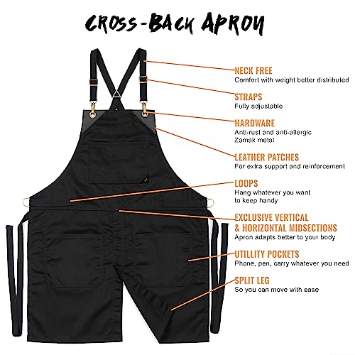 Under NY Sky Cross-Back Deep Black Apron - Durable Twill with Leather Reinforcement and Split-Leg - Adjustable for Men and Women - Pro Chef, Tattoo, Baker, Barista, Bartender, Stylist, Server Aprons